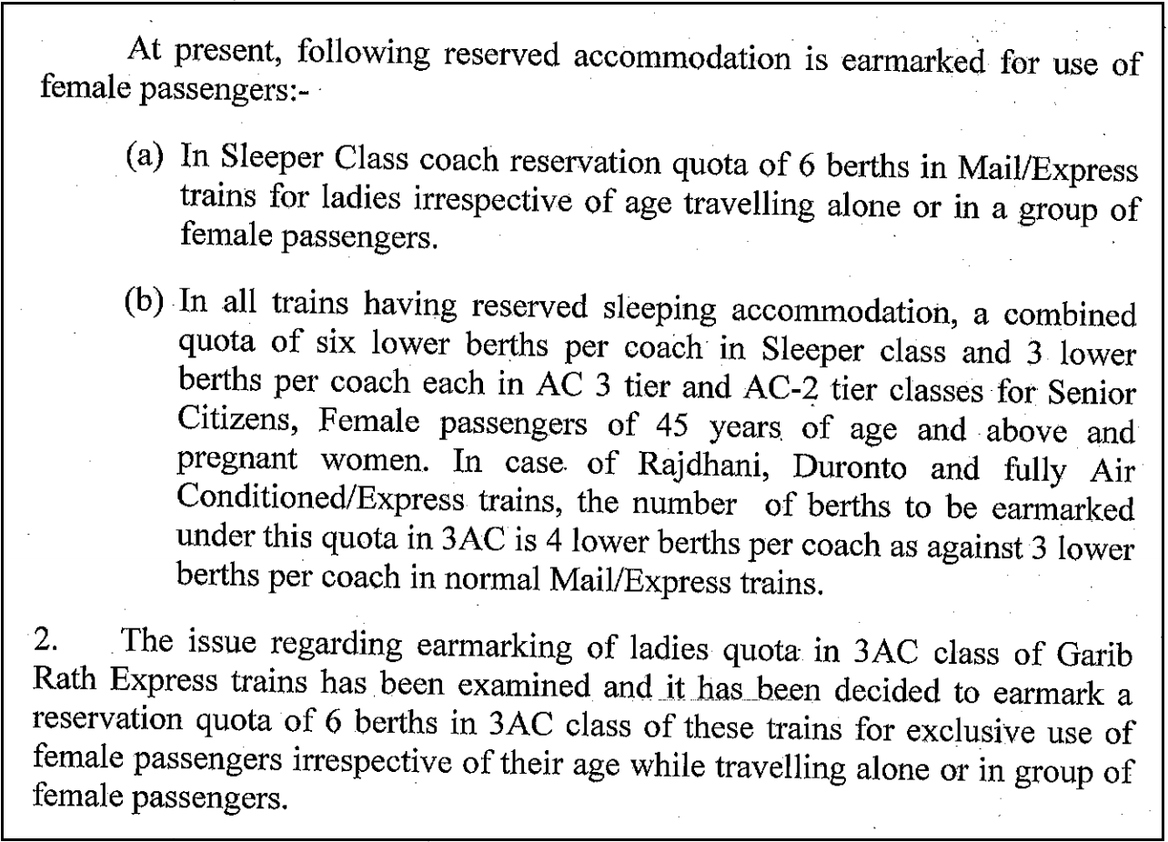 Now Six (6) berths in Garib Rath 3AC reserved exclusively for Women