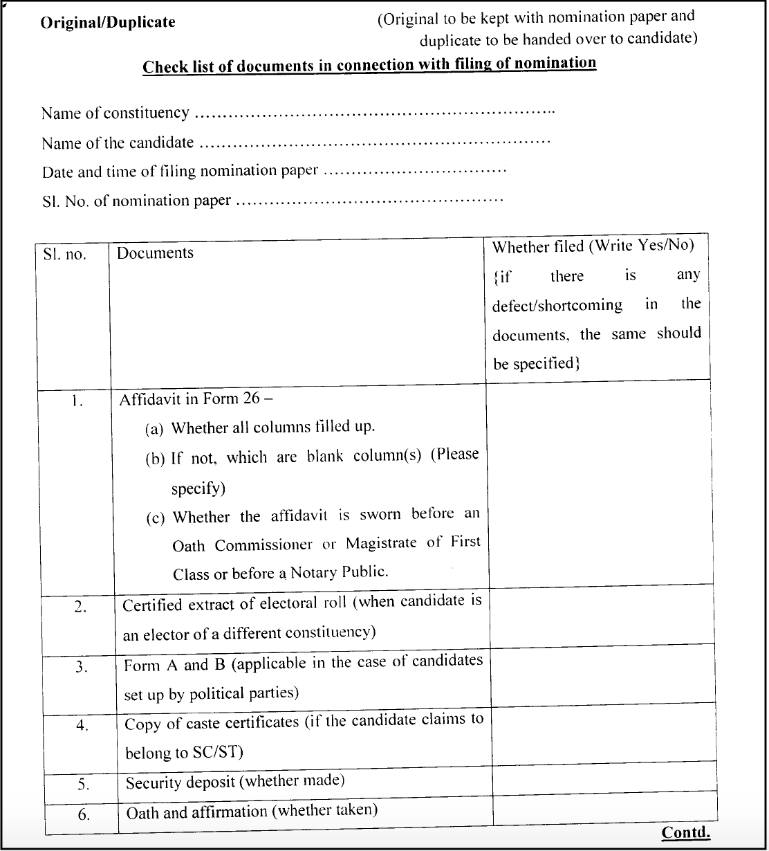 nomination papers for local elections