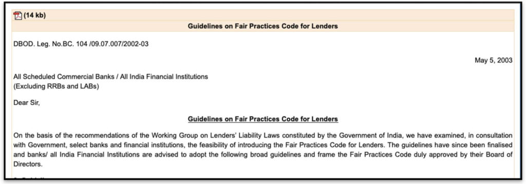 What are ‘RBI Guidelines for Fair Practice Code for the Lenders?