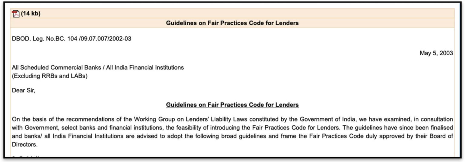 What are ‘RBI Guidelines for Fair Practice Code for the Lenders?