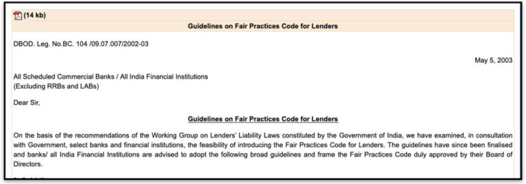 What are ‘RBI Guidelines for Fair Practice Code for the Lenders?