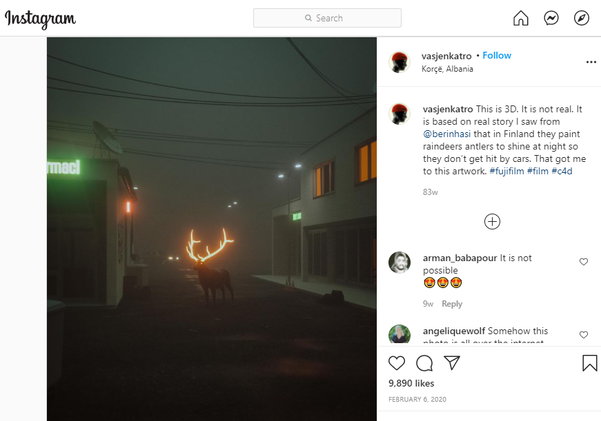 This photo of a reindeer with glowing antlers is an artwork inspired ...