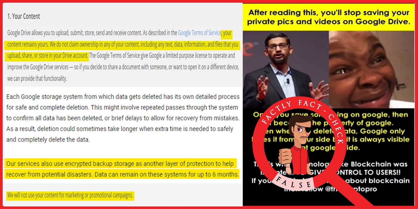 Google neither owns the user data, nor it retains the deleted data ...