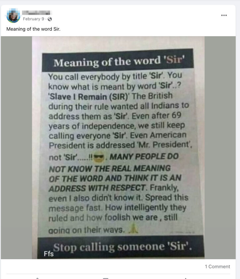 'Slave I Remain' is not the full form of the word sir; Sir originated ...
