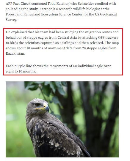 A map showing the movement of 20 eagles over one year period shared as ...