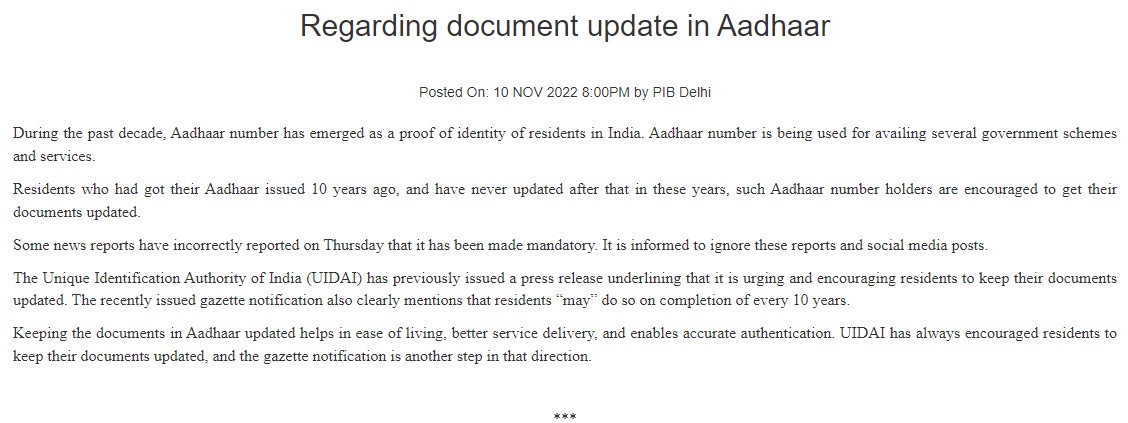 It is not mandatory to update Aadhaar details every 10 years; Aadhaar ...