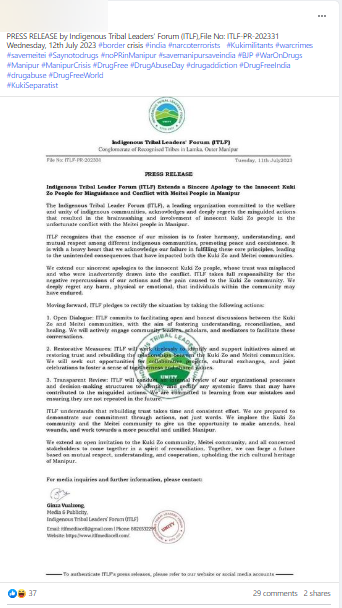 ITLF's Apology Letter to Kuki Community over Manipur Conflict Proven ...