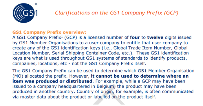 The barcode only shows the GS1 member country where the manufacturing ...