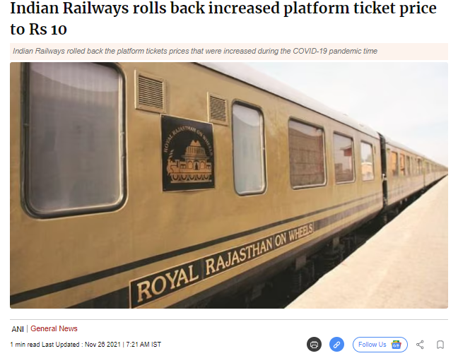 Currently, Indian Railways charges Rs. 10 for platform ticket at most stations - FACTLY
