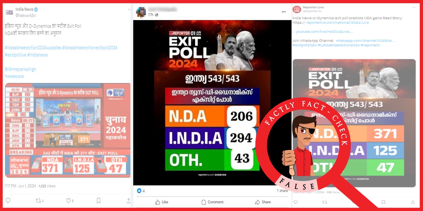 This graphic showing India News and D-Dynamics exit polls predicting that the I.N.D.I.A bloc ...