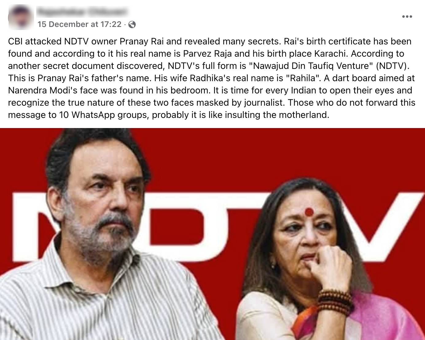 Posts claiming to disclose details from the 2017 CBI raid on former NDTV promoter Prannoy Roy ...