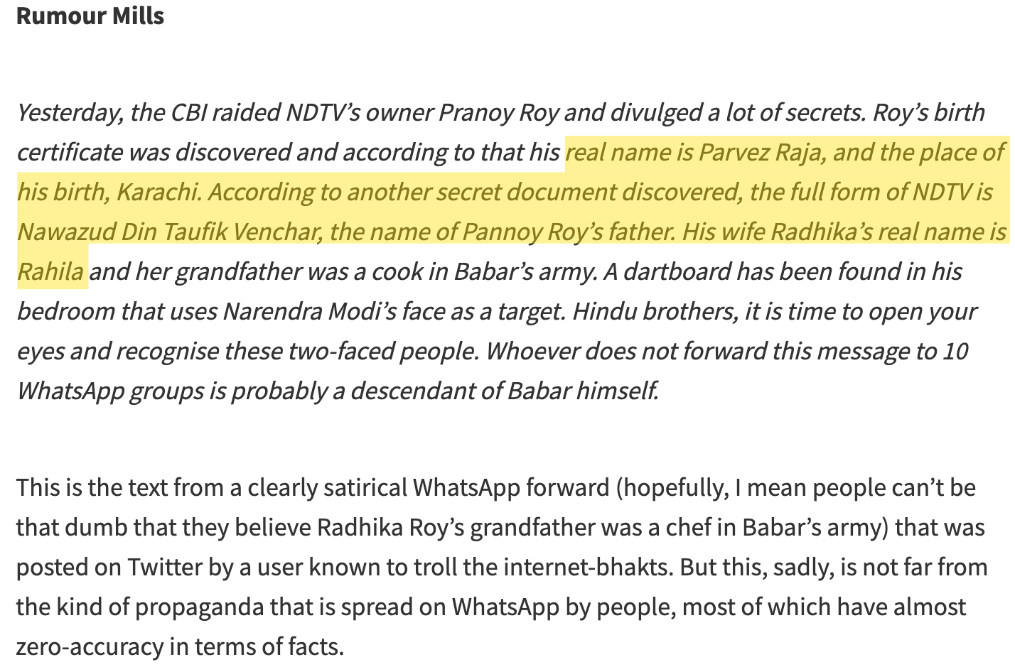 Posts claiming to disclose details from the 2017 CBI raid on former NDTV promoter Prannoy Roy ...
