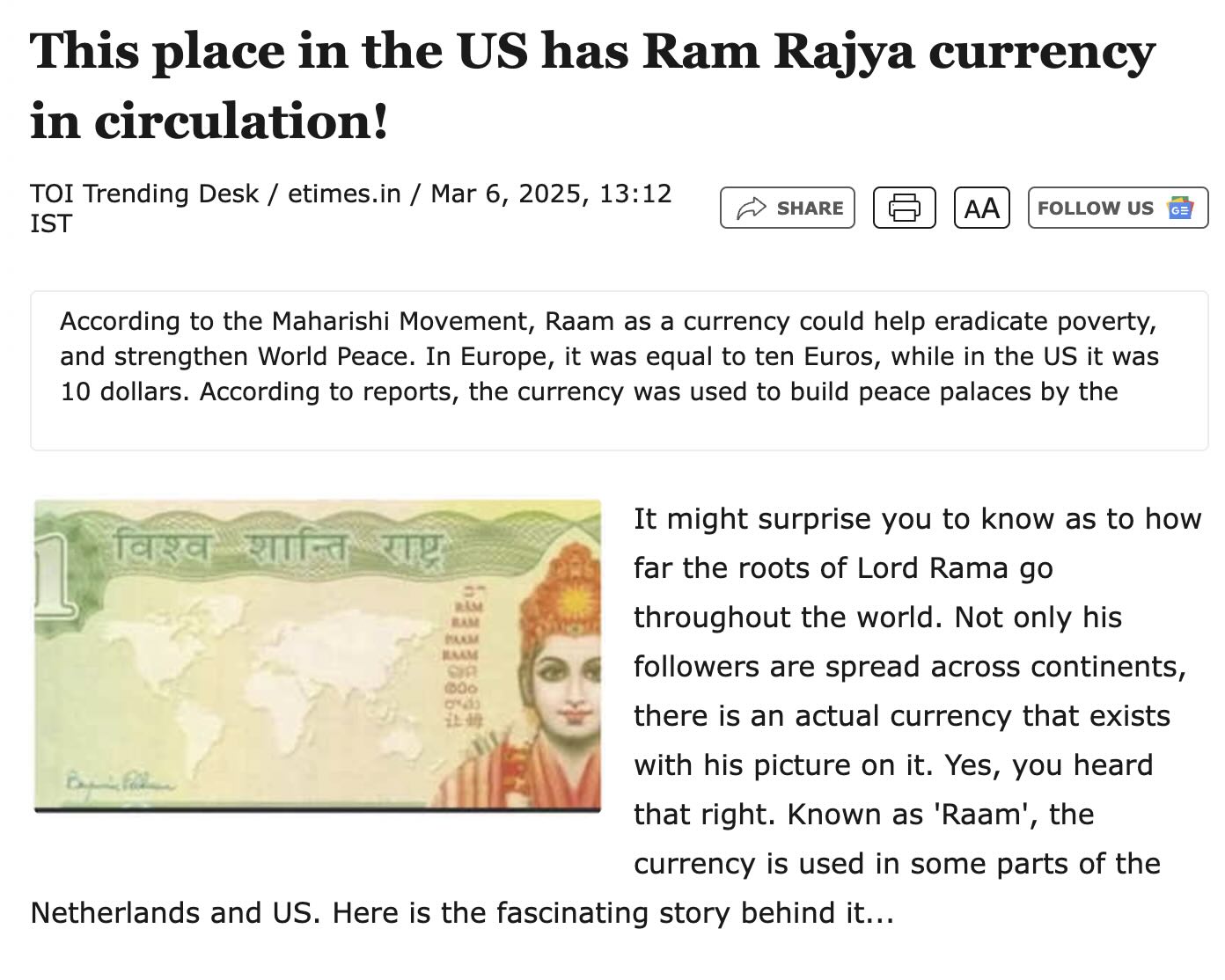 ‘Raam’ currency used in Maharishi Vedic City and other Global Country ...