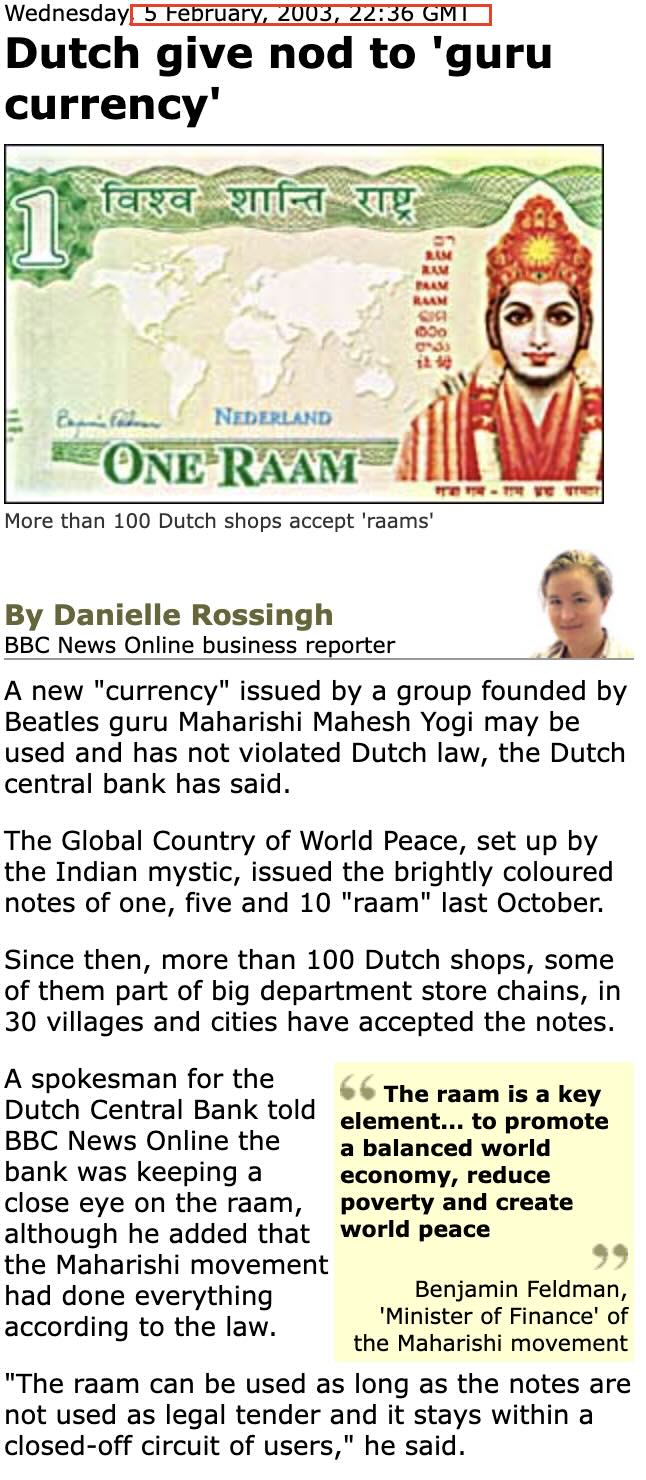 ‘Raam’ currency used in Maharishi Vedic City and other Global Country ...