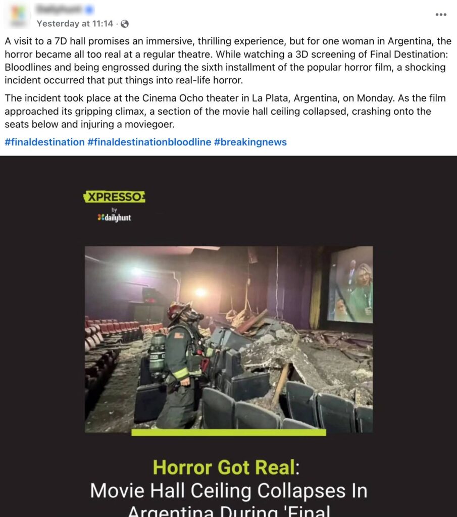 This viral photo does not show the May 2025 Argentina theatre ceiling collapse; it shows a ...