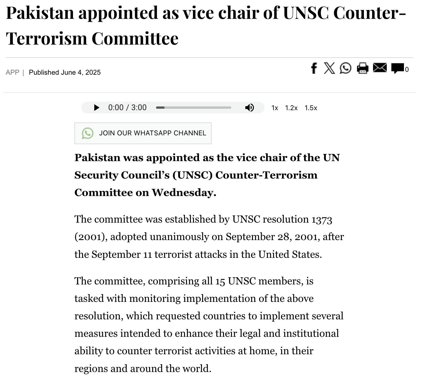 Pakistan was appointed Vice-Chair of the UNSC Counter-Terrorism ...