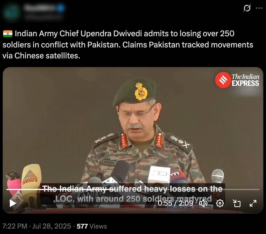 This viral video of Indian Army Chief General Upendra Dwivedi admitting to losing over 250 ...
