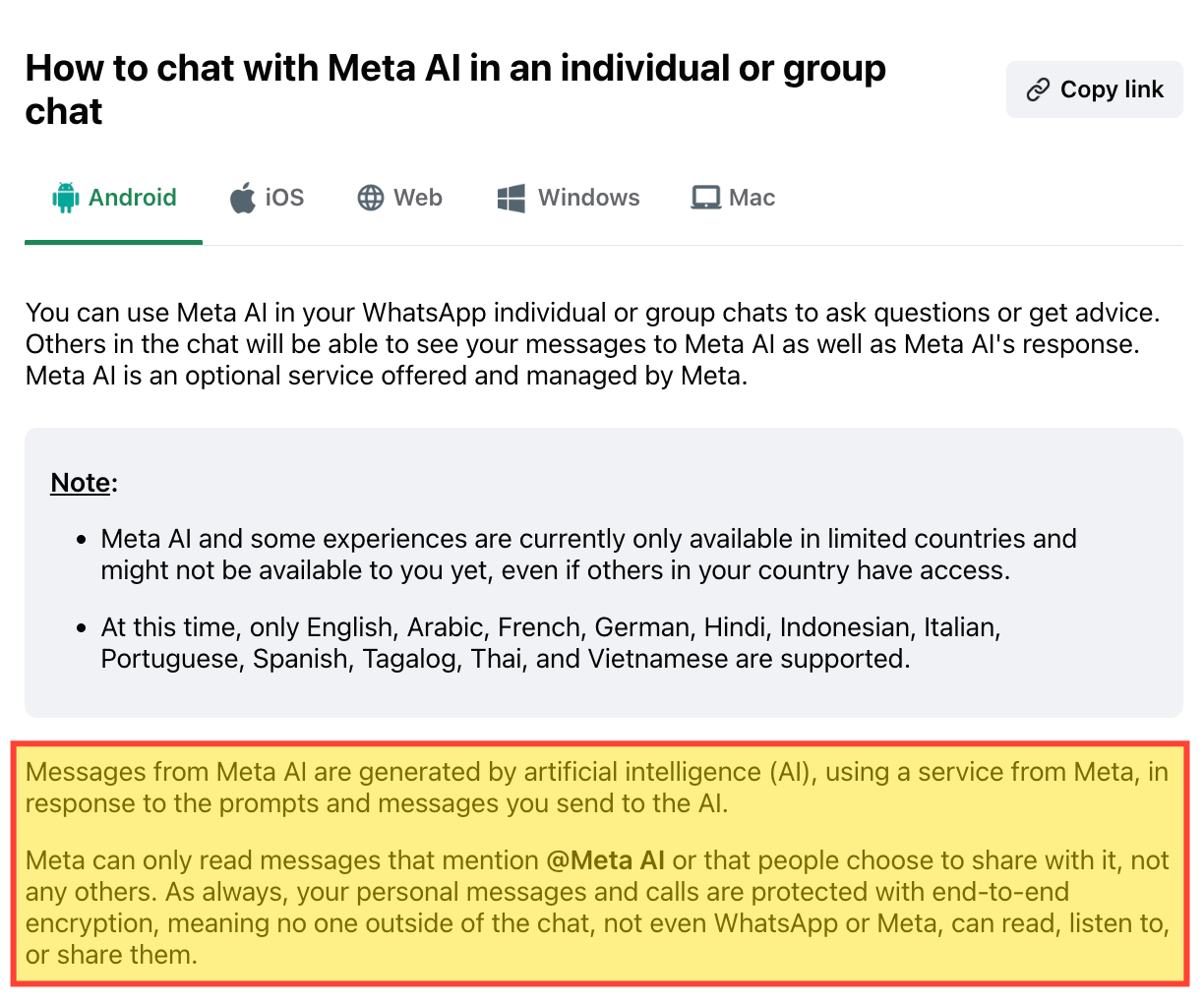 Meta AI cannot access WhatsApp groups, individual chats, or contact ...
