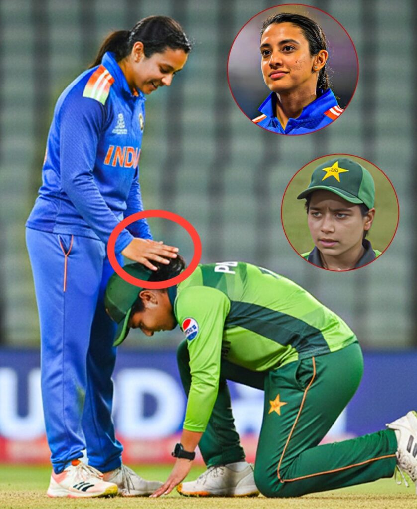 This viral image showing Pakistan women’s cricket team captain Fatima Sana touching Smriti ...
